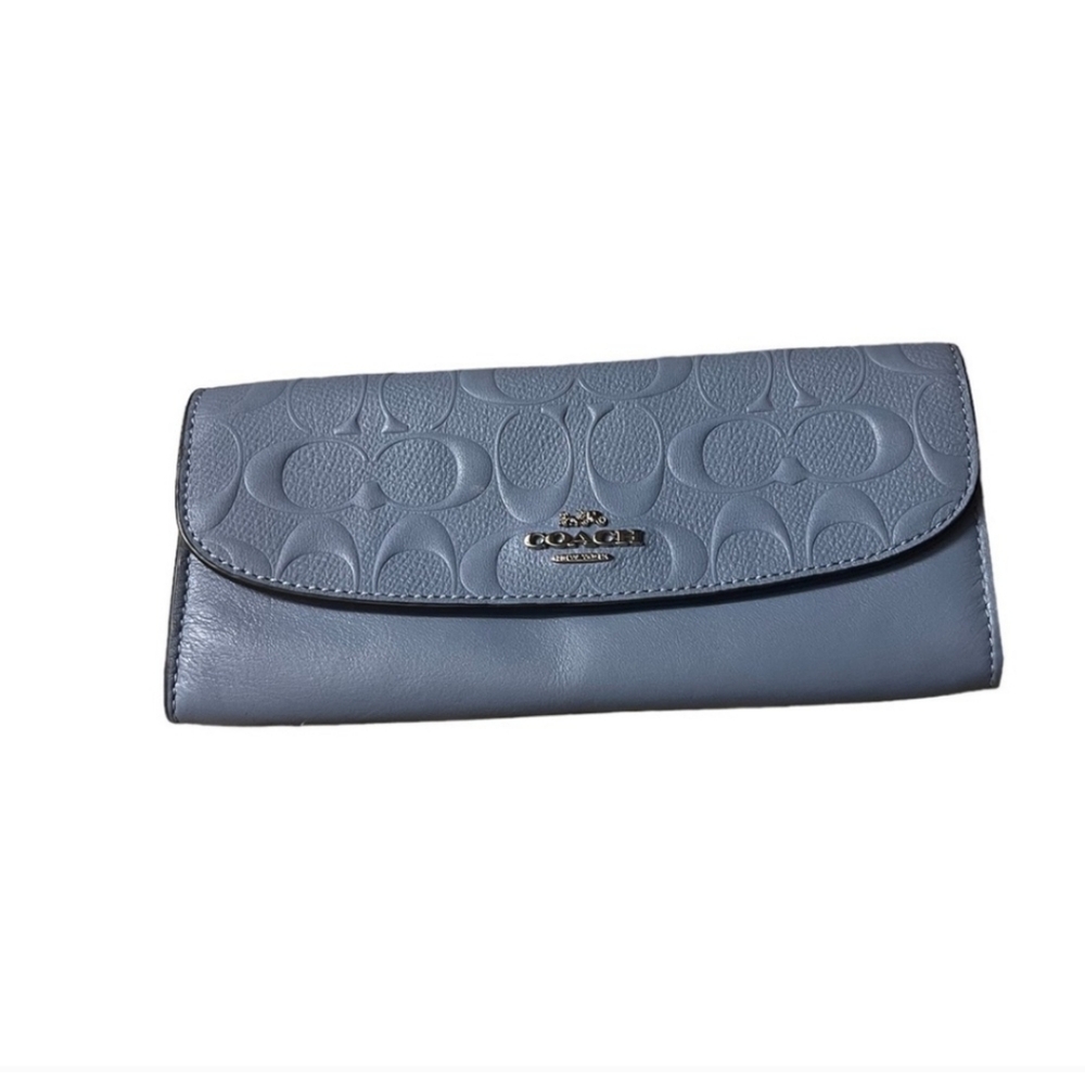 Coach Dusty Blue Embossed Slim Envelope Wallet Euc - Gem